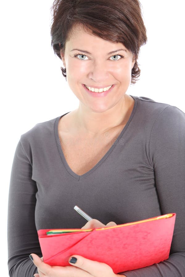 Woman Taking Notes Holding Red Folder Stock Photos - Free & Royalty ...