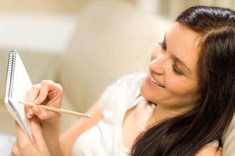 Happy Woman Taking Notes into Notepad Stock Photo - Image of creativity ...