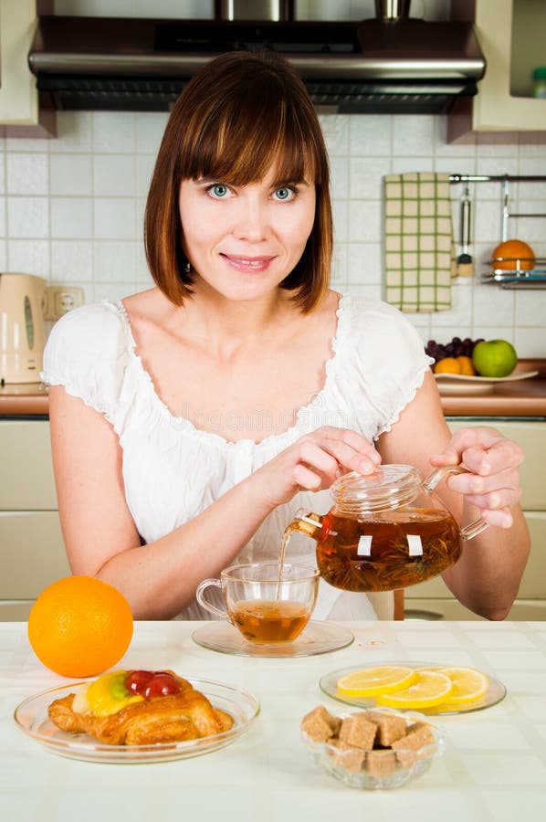 Happy woman with tea stock photo. Image of cheerful, people - 19001582