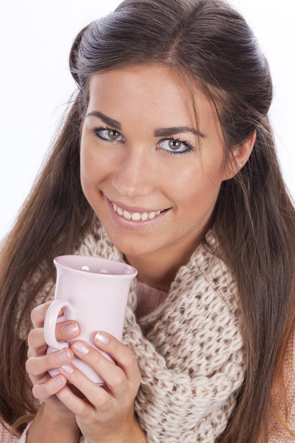Happy Woman with Tea Mug and Pullover, Stock Photo - Image of shawl ...