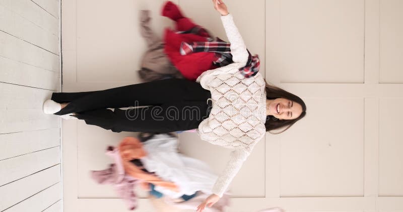 Happy Woman Throwing Clothes on Floor Stock Video - Video of caucasian ...