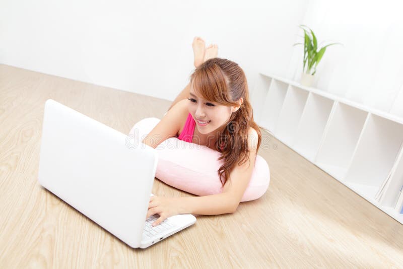 Happy woman using computer stock image. Image of internet - 35474377