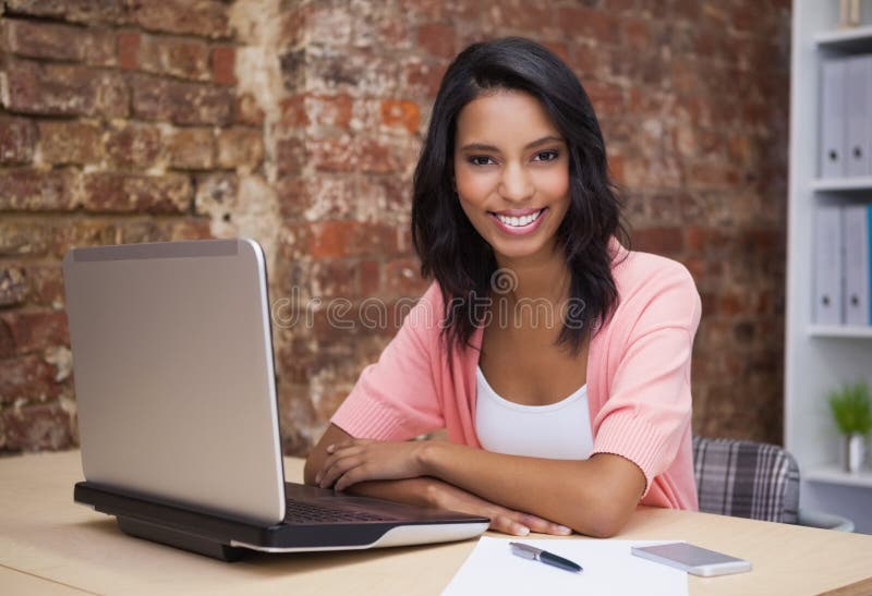 Happy Woman Using Her Laptop Smiling at Camera Stock Image - Image of ...