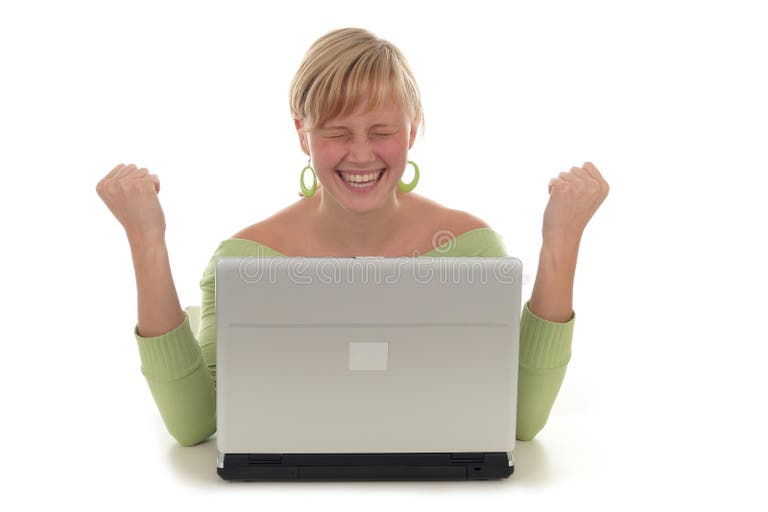 Happy woman using laptop stock image. Image of internet - 1375337