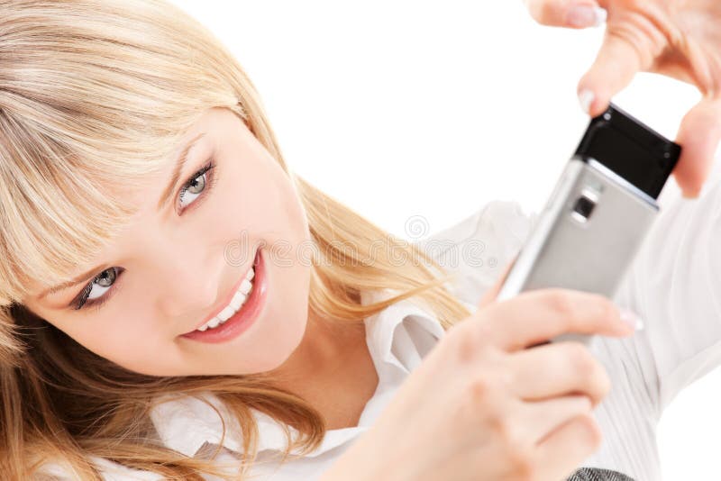 Happy Woman Using Phone Camera Stock Photo - Image of cheerful, bright ...