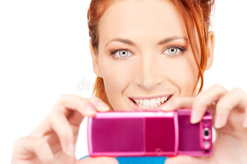 Happy Woman Using Phone Camera Stock Photo - Image of expression ...
