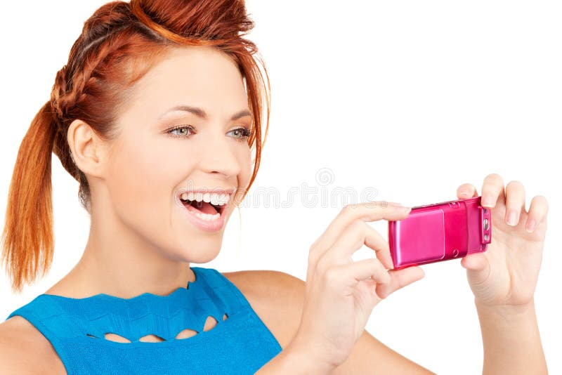 Happy Woman Using Phone Camera Stock Photo - Image of expression, lady ...