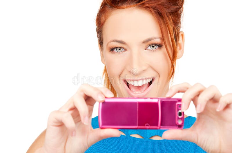 Happy Woman Using Phone Camera Stock Image - Image of lovely, happy ...