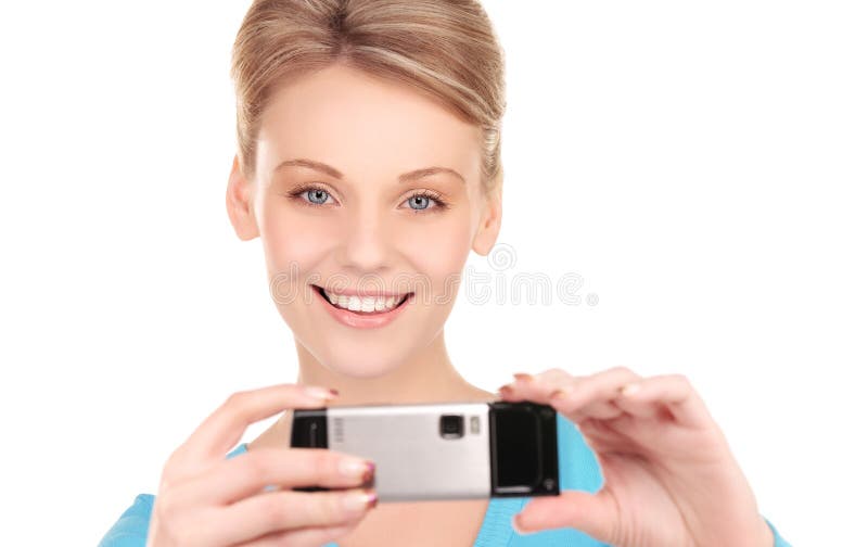 Happy Woman Using Phone Camera Stock Image - Image of beautiful, cute ...