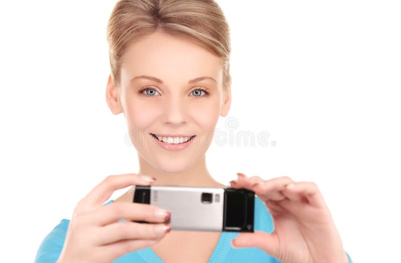 Happy Woman Using Phone Camera Stock Photo - Image of holding, joyful ...