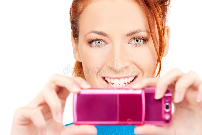 Happy Woman Using Phone Camera Stock Image - Image of emotion, carefree ...