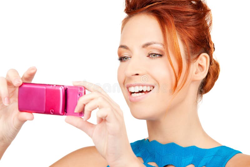 Happy Woman Using Phone Camera Stock Photo - Image of cheerful ...