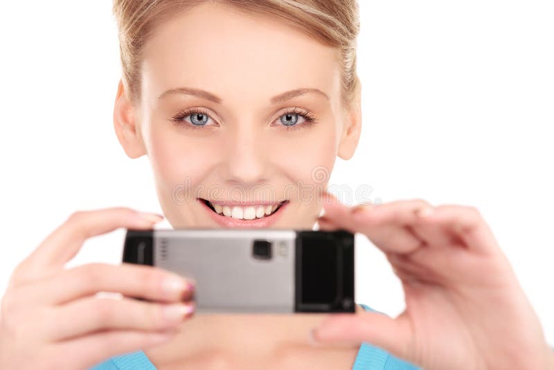 Happy Woman Using Phone Camera Stock Photo - Image of attractive ...