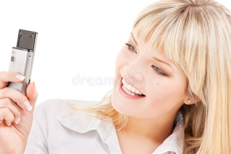 Happy Woman Using Phone Camera Stock Image - Image of holding, blonde ...