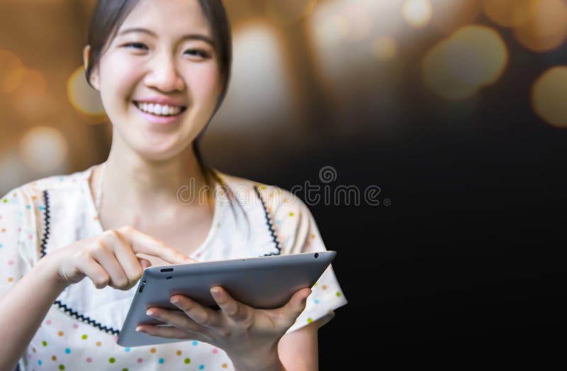 Happy Woman Using Tablet Pc Stock Photo - Image of equipment, glad ...