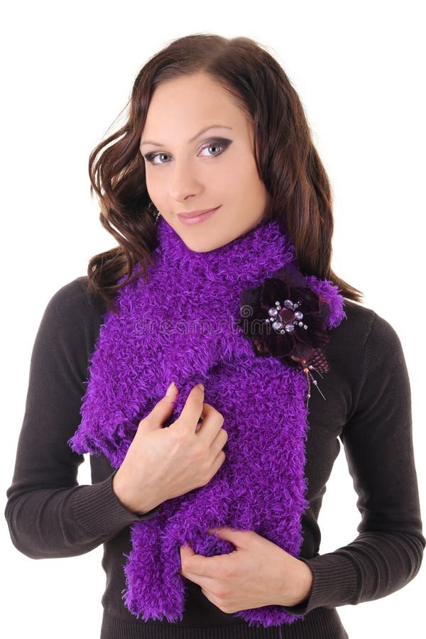 Happy Woman in Violet Scarf Stock Photo - Image of attractive, brunette ...