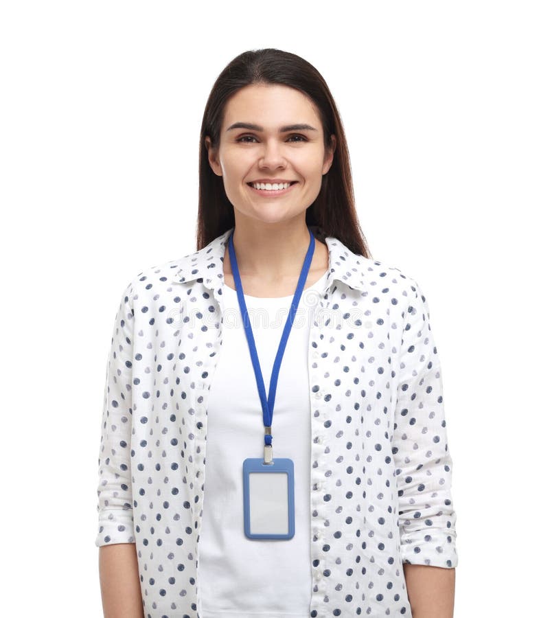 Happy Woman with Vip Pass Badge on White Background Stock Photo - Image ...
