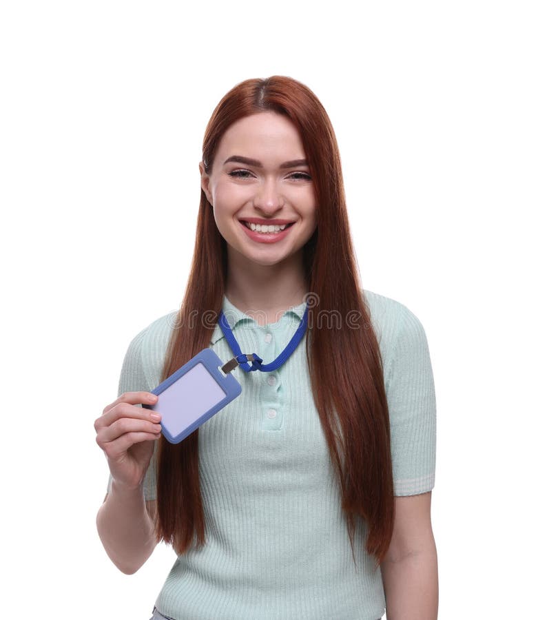 Happy Woman with Vip Pass Badge on White Background Stock Image - Image ...