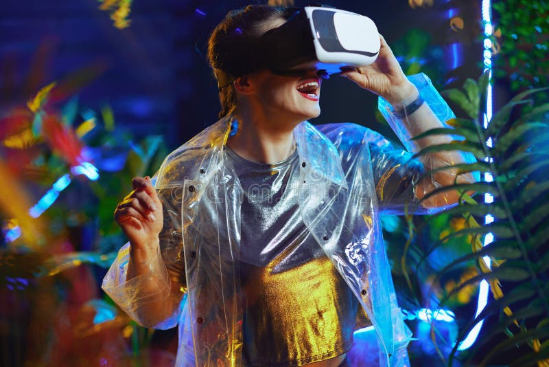 Happy Woman in Virtual Reality in Vr Headset Exploring Stock Photo ...
