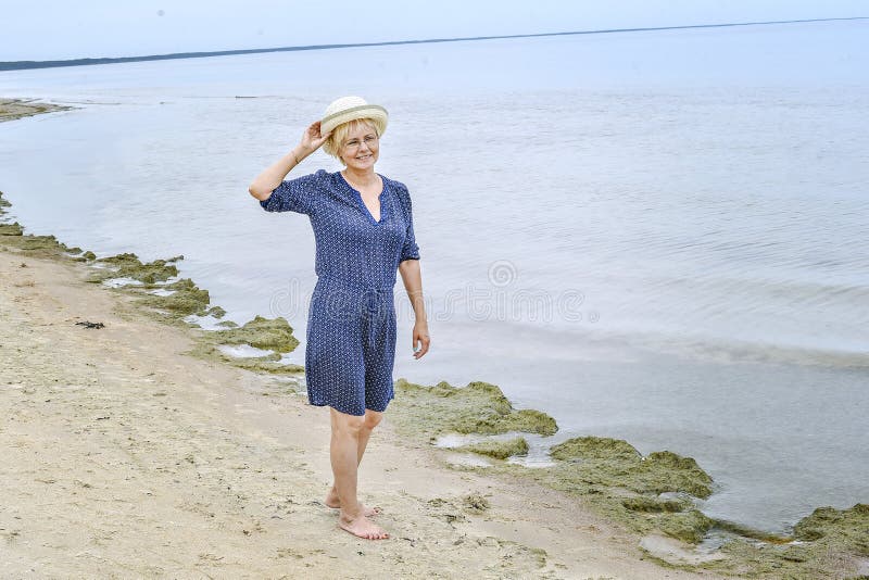 Happy Woman Walking Near the Sea Stock Image - Image of relax, beach ...