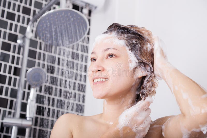 Happy Woman Washing Head with Shampoo and Shower Stock Photo - Image of ...