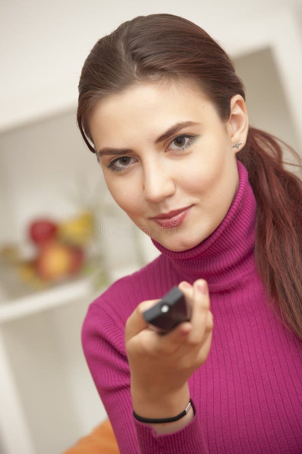 Happy Woman Watching Television Stock Photo - Image of watching ...