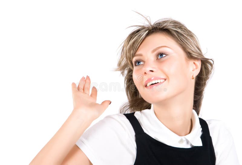 Happy woman waving hand stock photo. Image of head, expression - 4931928
