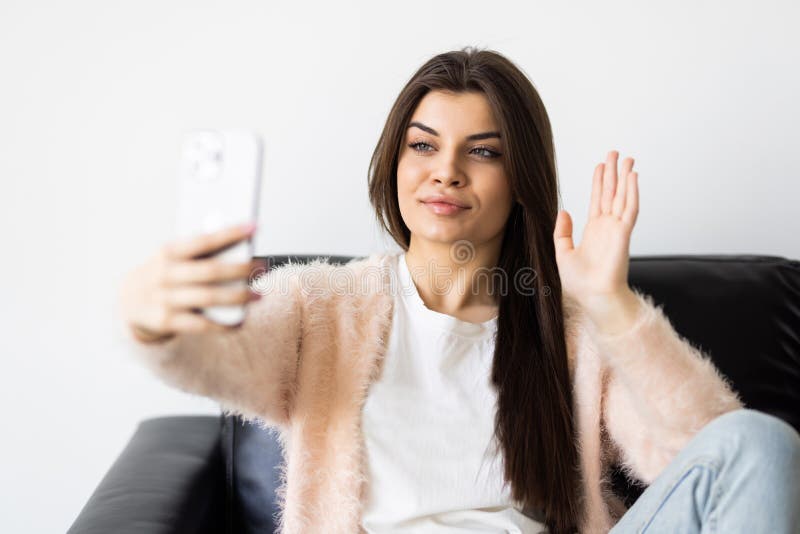 Happy Woman Waving Hand Using Smartphone App Enjoying Online Virtual