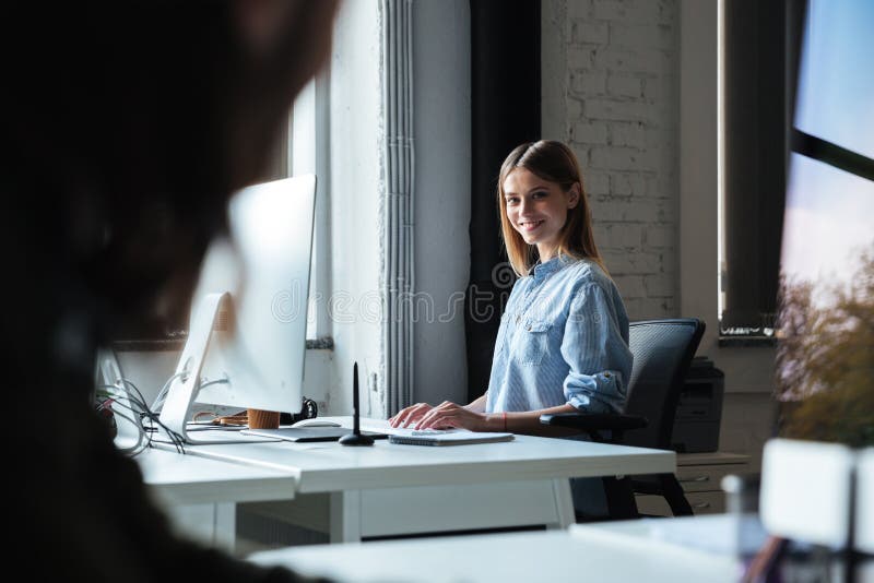 Happy Woman Work in Office Using Computer Stock Image - Image of formal ...