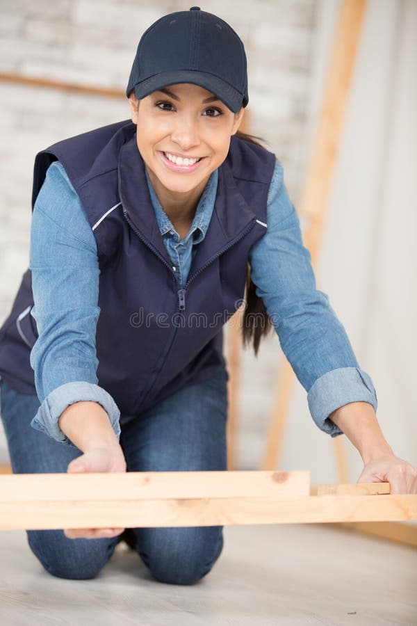 Happy Woman Working in Carpentry Workshop Stock Image - Image of ...