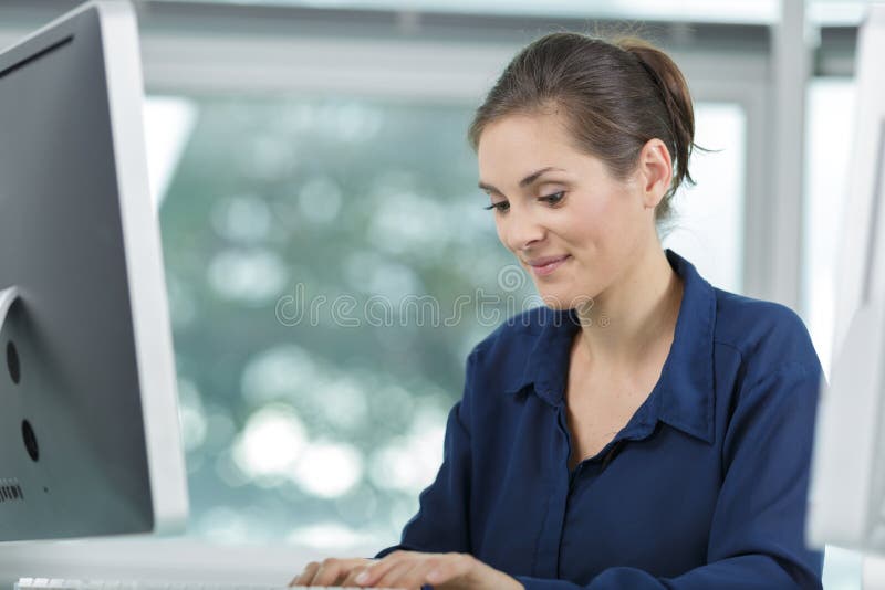 Happy Woman Working on Pc on Project Stock Image - Image of facial ...