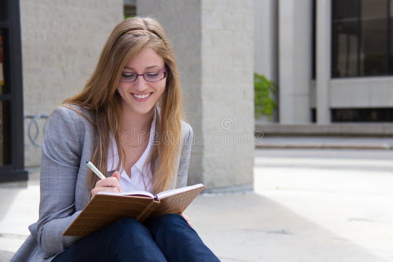 Happy Woman Writing in Her Journal Stock Photo - Image of cheerful ...