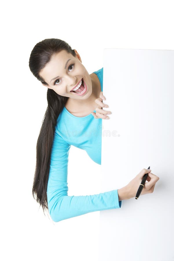 Happy Woman Writing with a Pen on Blank Board. Stock Photo - Image of ...