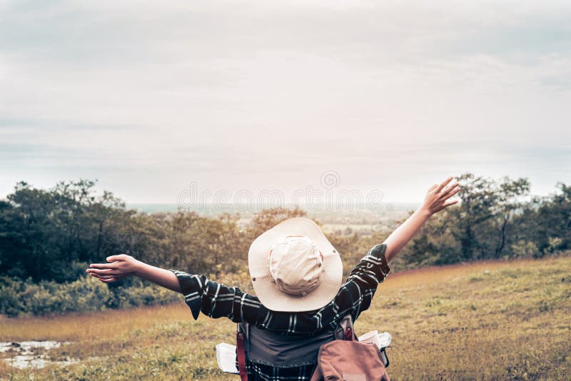 Women Backpack and Enjoying with the Beautiful Nature Relaxing on ...