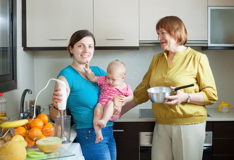 Happy Women with Blender in Kitchen Stock Image - Image of cook ...