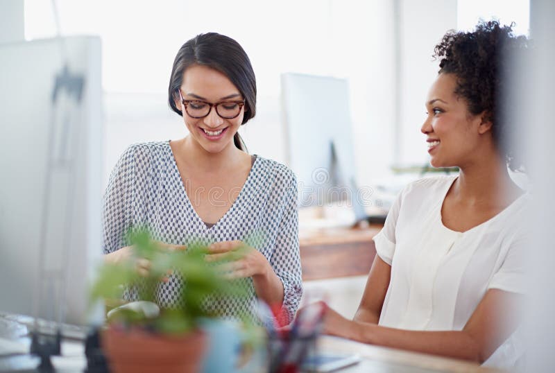 Happy, Women and Discussion on Computer in Office for Creative Planning ...