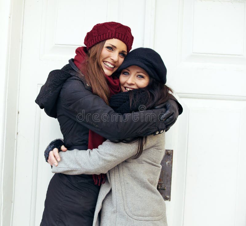 Happy Women Embracing on a Cold Winter Stock Photo - Image of happiness ...