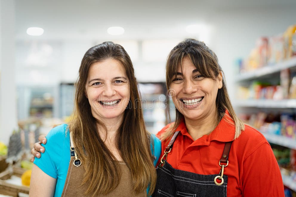 Happy Women Working Inside Supermarket Stock Photo - Image of green ...