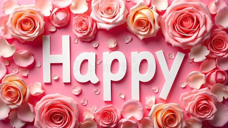 Happy Word with Pink Roses and Petals Stock Illustration - Illustration of celebration, romance ...