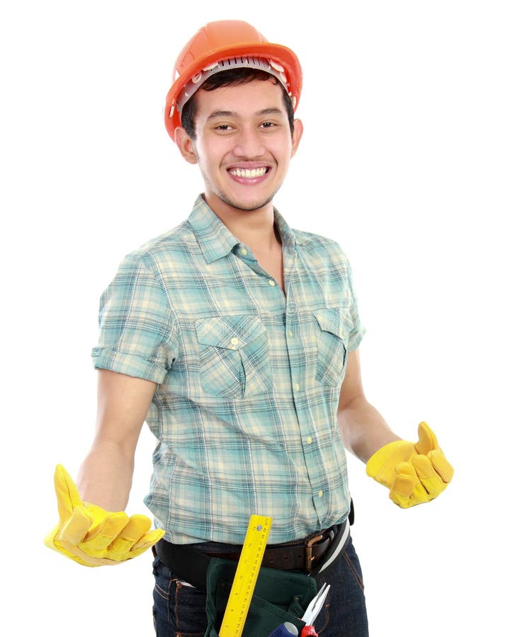 Happy Worker and Blank Board Stock Image - Image of background ...
