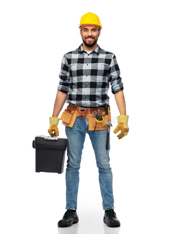 Happy Worker or Builder in Helmet with Tool Box Stock Photo - Image of ...