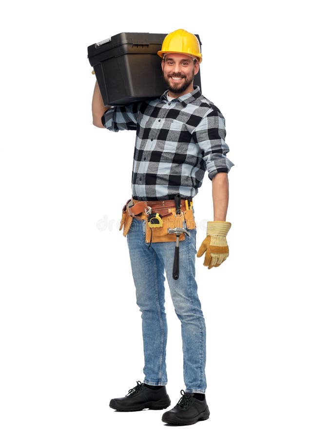 Happy Worker or Builder in Helmet with Tool Box Stock Photo - Image of ...