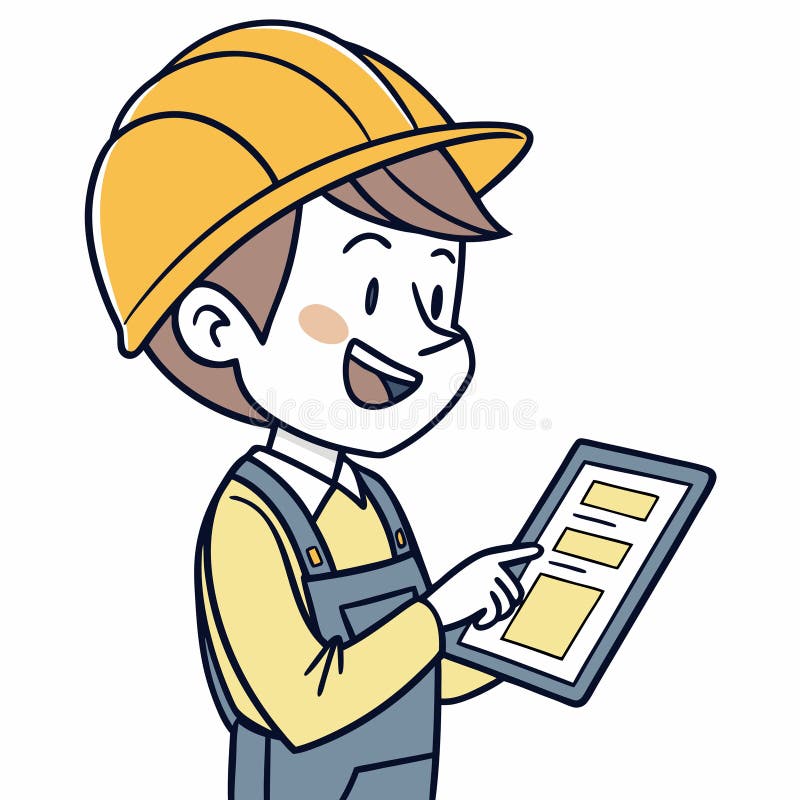 A Happy Worker with Hard Hat Holding a Tablet. Vector Illustration ...