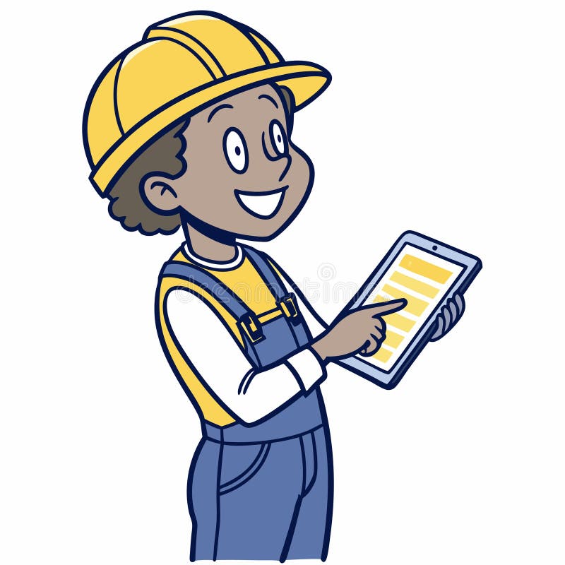 A Happy Worker with Hard Hat Holding a Tablet. Vector Illustration ...