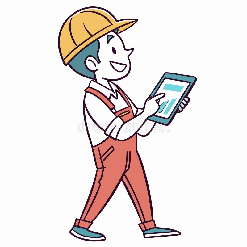 A Happy Worker with Hard Hat Holding a Tablet. Vector Illustration ...