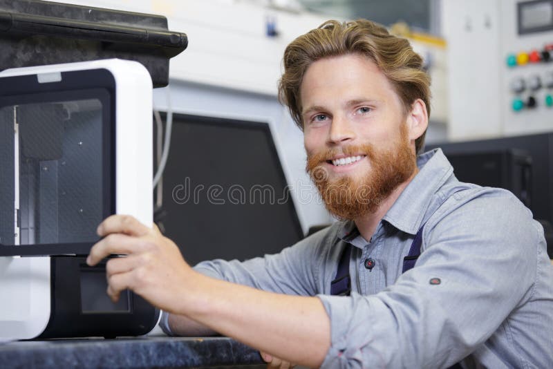 Happy Worker Using Machine in Factory Stock Image - Image of machine ...