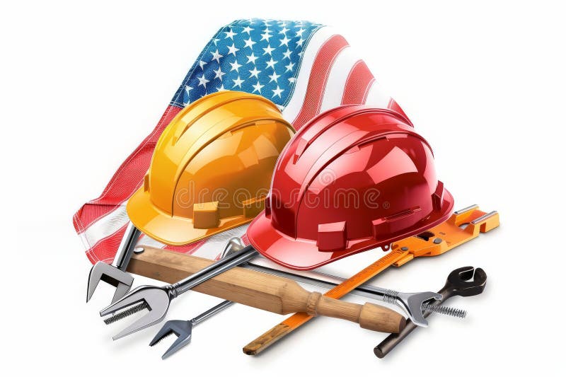 Happy Workers Day with American Flag, Safety Hard Hat and Construction ...