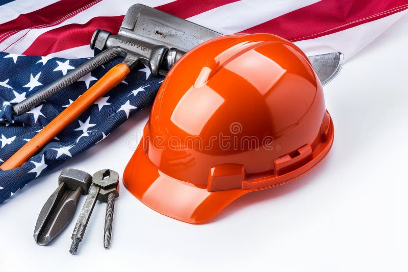 Happy Workers Day with American Flag, Safety Hard Hat and Construction ...