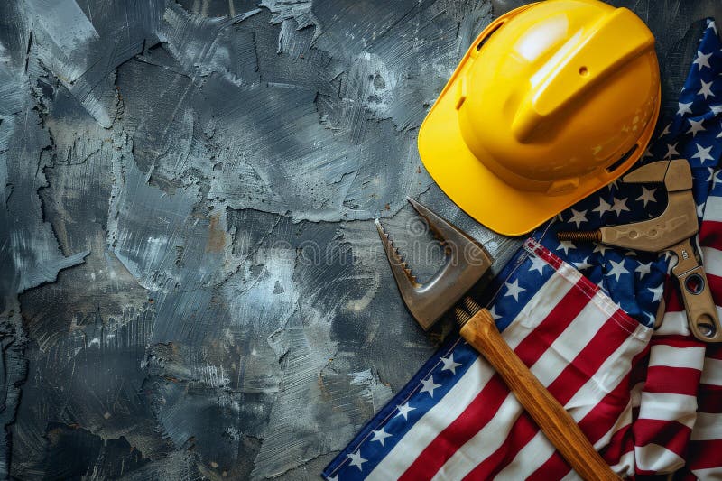 Happy Workers Day Poster with American Flag, Safety Hard Hat and Construction Tools Illustration ...