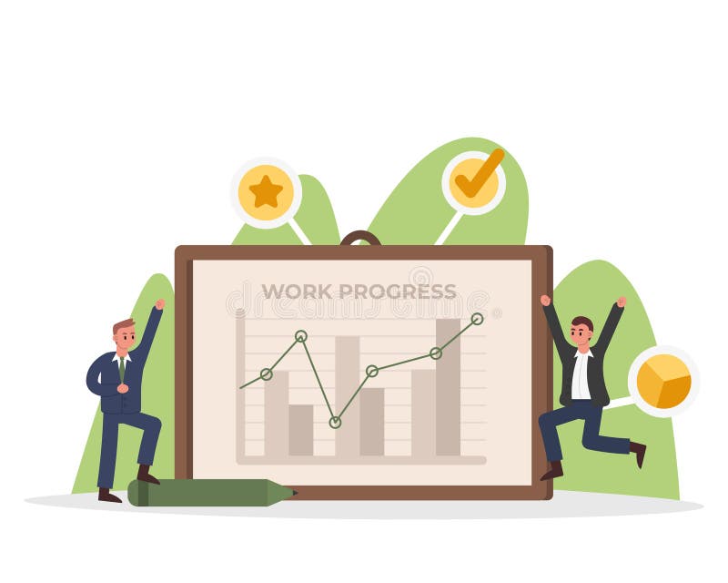 Happy Workers Looking at Chart with Progress of Work. Business Concept ...